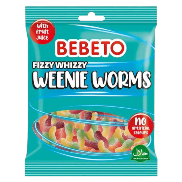 Bebeto Fizzy Whizzy Weenie Worms 150g – Tangy, Fruity Gummy Sweets